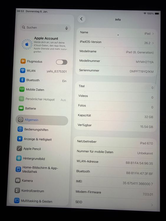 iPad 8. Generation, Wi-Fi + Celluar Top Zustand! (Gebraucht) in ...