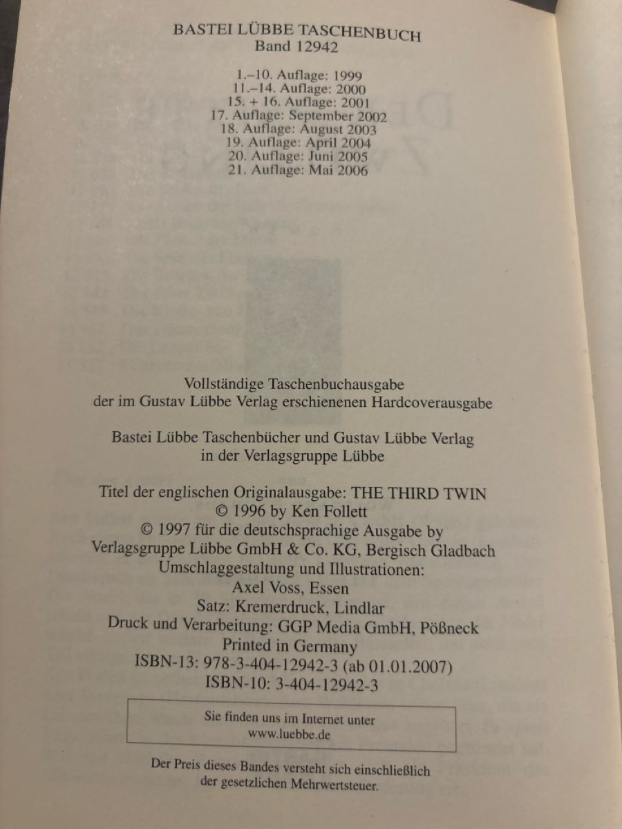 Ken Follett - Der dritte Zwilling (Taschenbuch) (Gebraucht) in Riniken ...