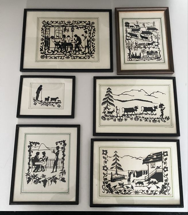 6 Stk. Scherenschnitte, alle gerahmt hinter Glas v. 1975-82 (Gebraucht) in Allschwil für CHF 60 ...
