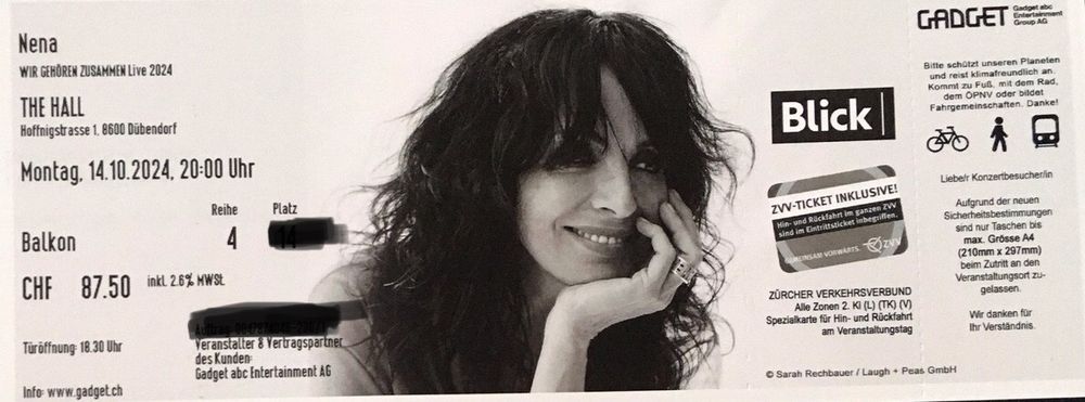 NENA Zürich The Hall TOP SITZPLATZ Hardticket Original (Neu (gemäss ...