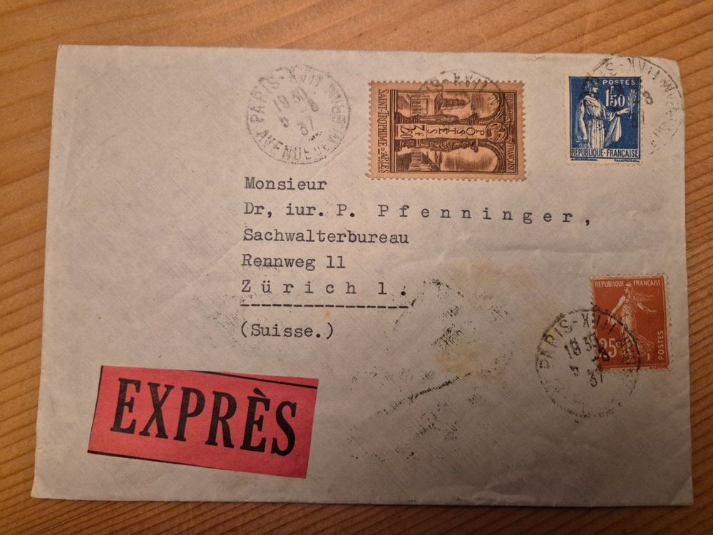 FR-Express Brief von Paris-Zürich aus 1937 gem. Bilder (Gebraucht) in Oberuzwil für CHF 1 – mit ...