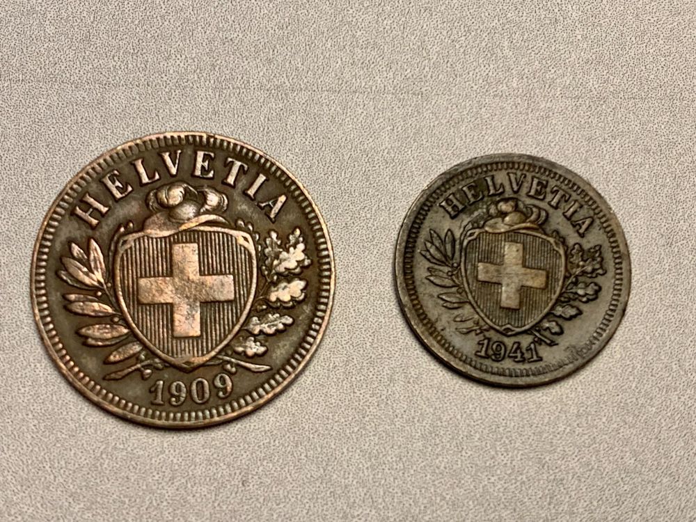 alte Schweizer Münzen: 2 Rappen von 1909 / 1 Rappen von 1941 (Gebraucht) in Winterthur für CHF 4 ...