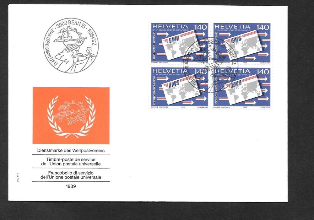 FDC UPU (D X) 15 Viererblock ET 7.3.1989 (Neu (gemäss Beschreibung)) in Olten für CHF 1 – mit ...