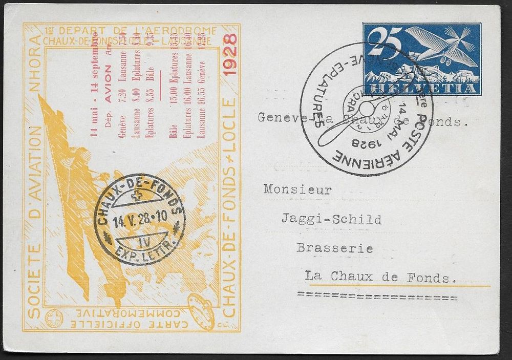 1928 GS Karte illust. NHORA 1. Postflug Aufdruck rot ab 1.- | Kaufen auf Ricardo