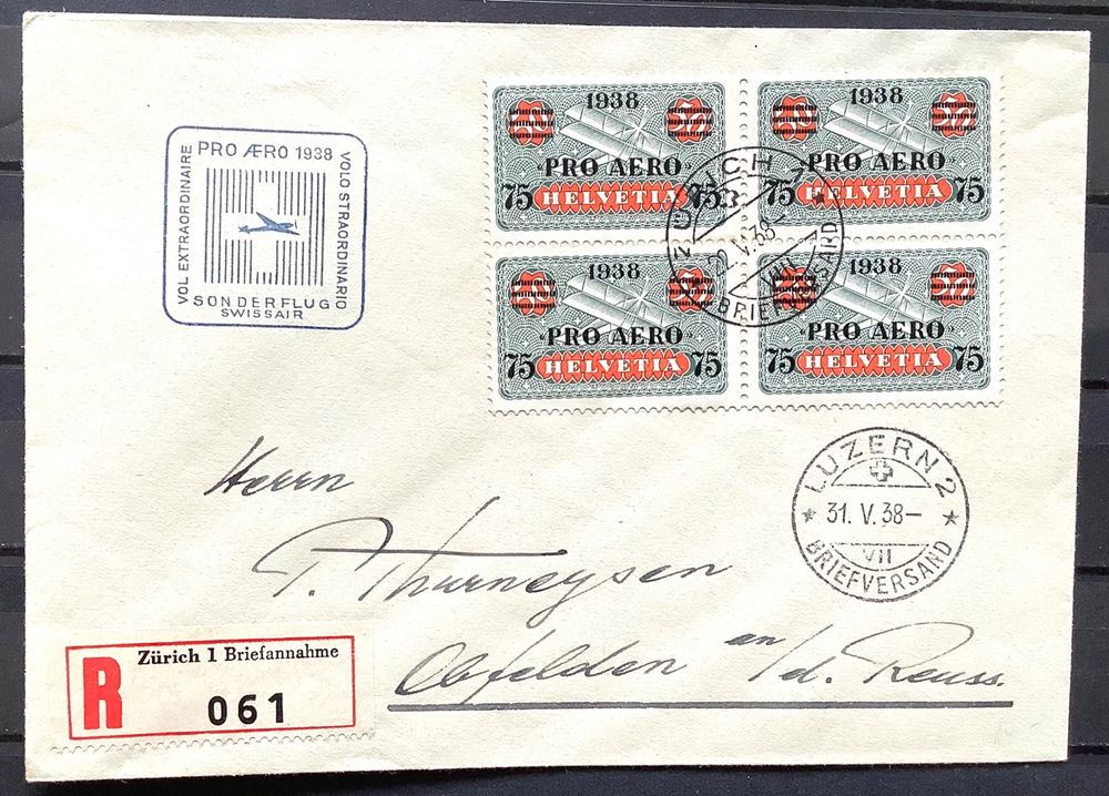 1938 Flugpost R- Brief Pro Aero mit 4er F26 Zentrumstempel (Gebraucht) in Liestal für CHF 12 ...