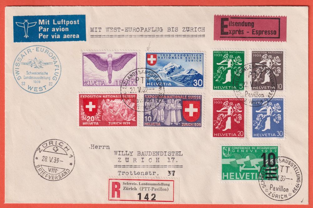 1939 ZÜRICH Swissair-Europaflug West mit 2 Landi-Sätzen f. (Gebraucht) in Sarmenstorf für CHF 10 ...