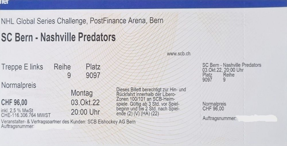 SCB-Nashville Predators NHL Global Series 1 Sitzplatz Ticket | Kaufen ...