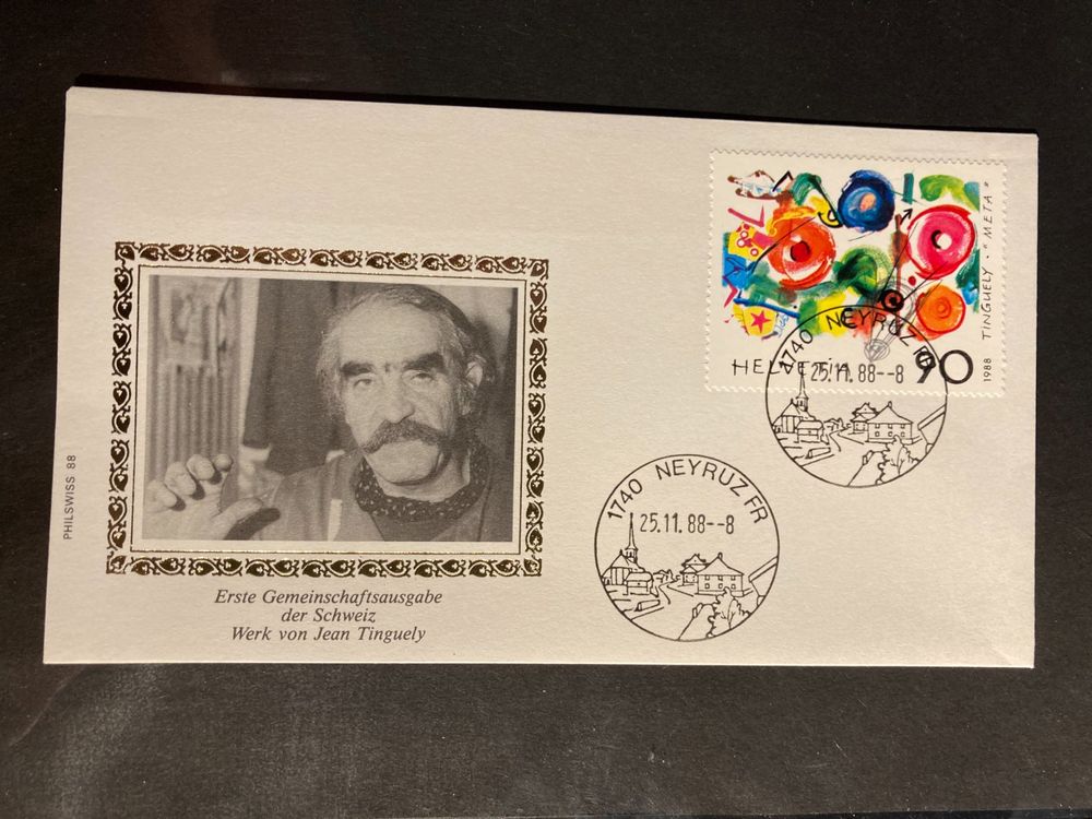 CH 1988 Gem F Tinguely Ortsstempel Neyruz illustrierte FDC (Neu (gemäss Beschreibung)) in ...