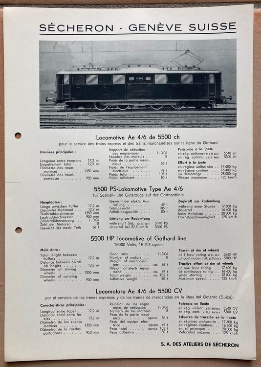 Fiche descriptive Sécheron originale - Sécheron Type Ae 4/6 (D'occasion ...