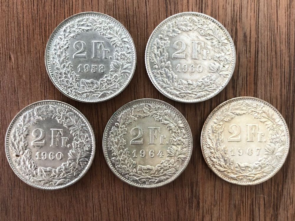 2 Franken Silbermünze, 1958, 1960 (2x), 1964, 1967 (D'occasion) à Jegenstorf pour CHF 28 – avec ...