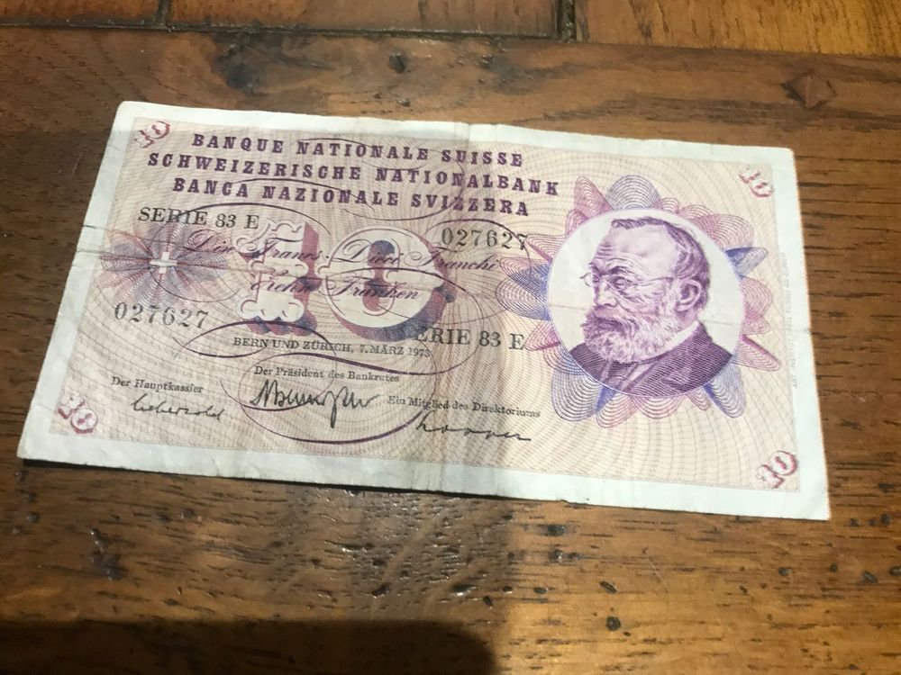 Billet suisse 10fr 7.03 1973 banknoten (Gebraucht) in Lajoux JU für CHF ...