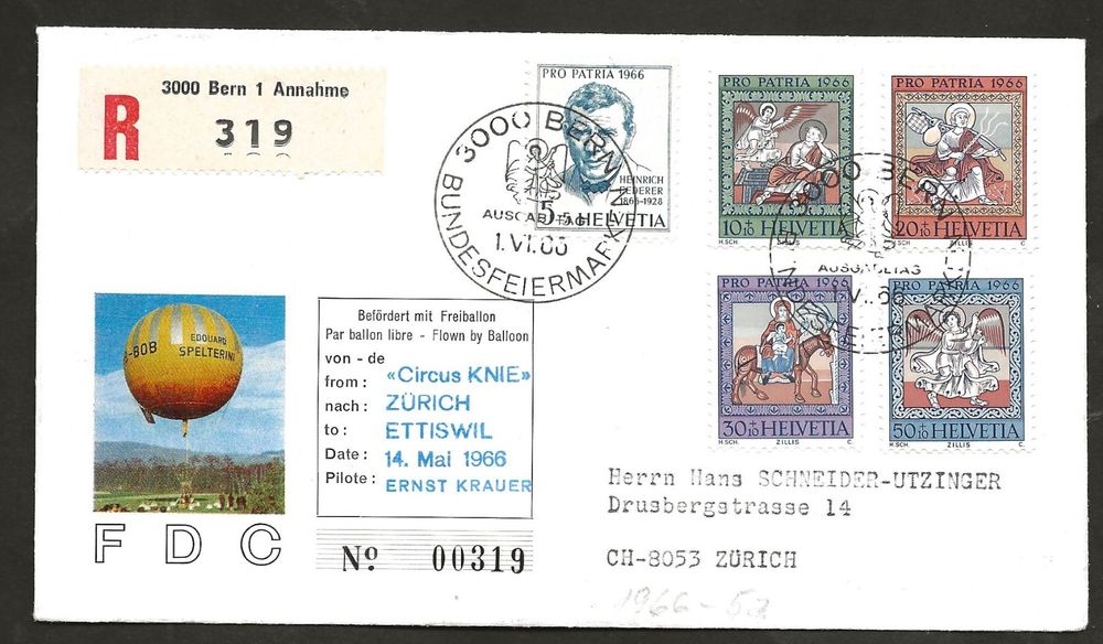 Ballon Schweiz 1966 FDC Bern Zürich Ettiswil Luftpost Knie | Kaufen auf Ricardo