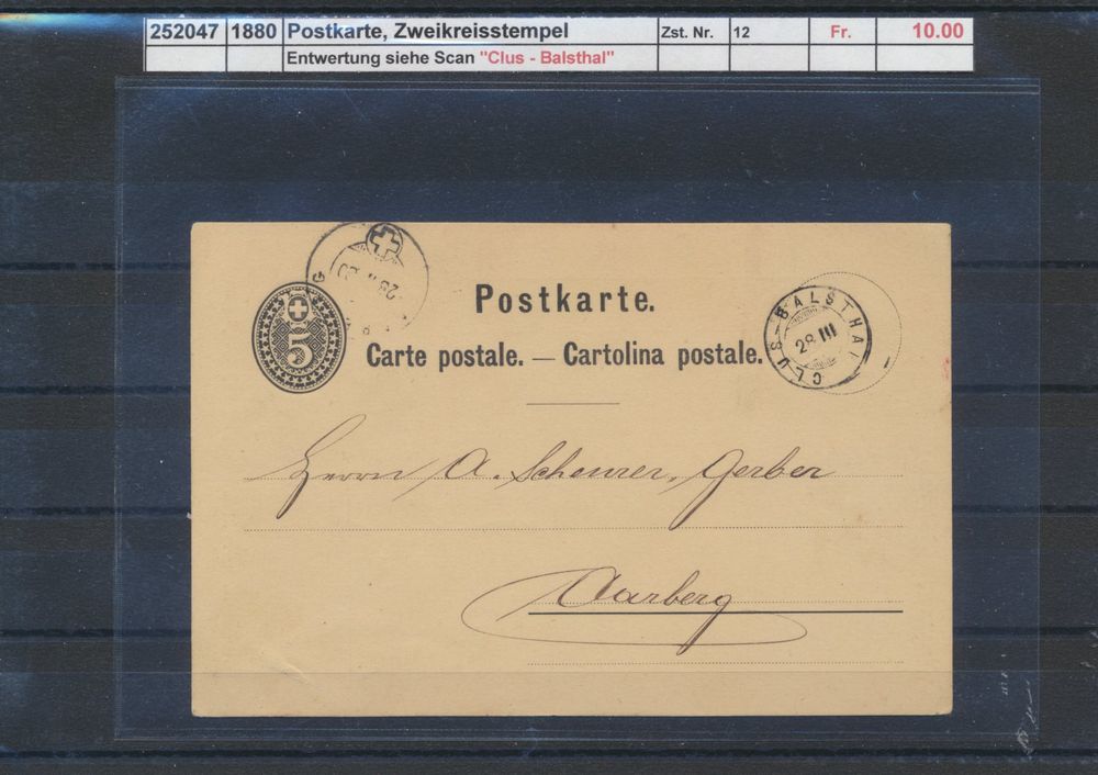 1880 Postkarte, Zweikreisstempel "Clus-Balsthal" (Gebraucht) in Winterthur für CHF 10 – mit ...