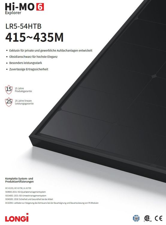 LONGi Hi-MO6 Explorer LR5-54HTB-435M - (FB, R30, EVO2) Black (Neu und originalverpackt) in ...