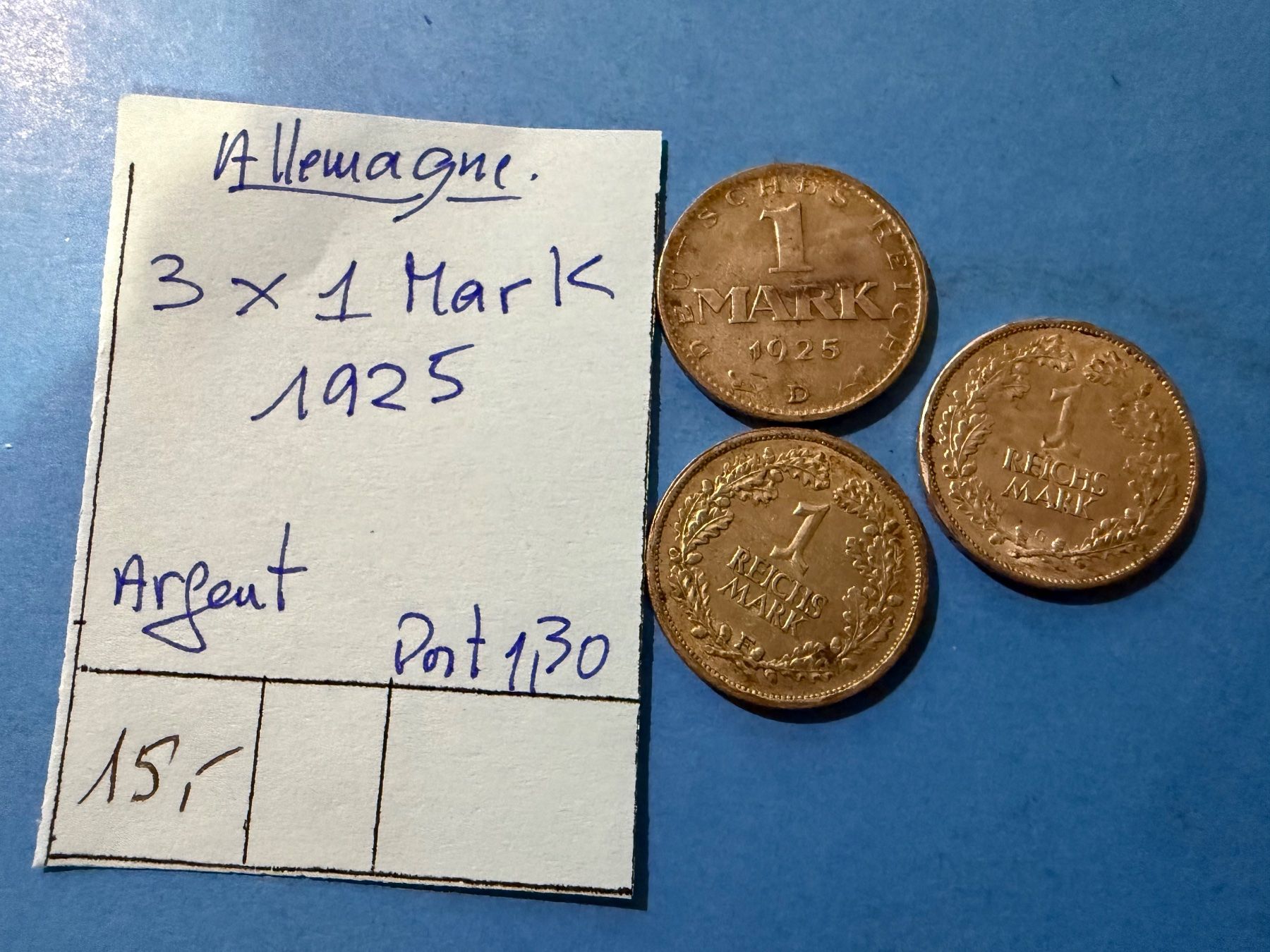ALLEMAGNE : 3 X 1 MARK 1925 - ARGENT (D'occasion) à genève pour CHF 21 ...