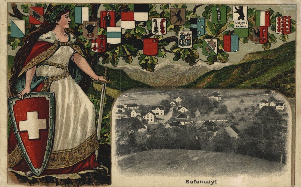 Safenwyl, geprägter Rand mit Kantonswappen und Helvetia (Gebraucht) in ...