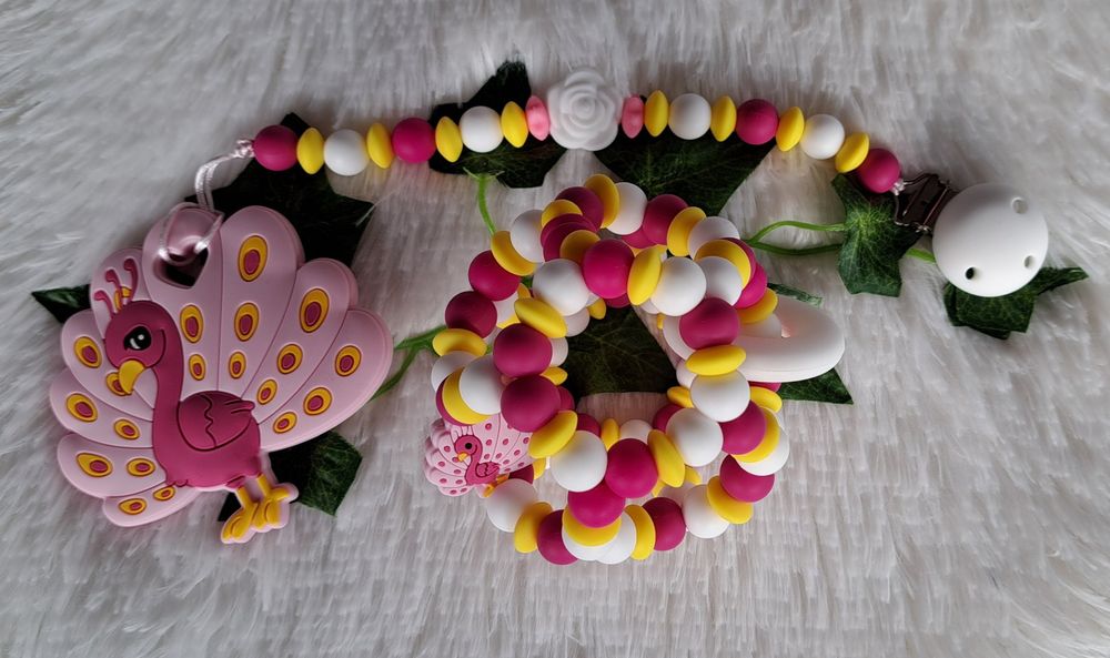 Set Nuggi-/Beissketteli + Motorikball Pfau Rosa/Pink (Neu und ...