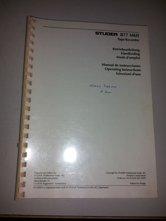 Betriebsanleitung zu Revox B-77 MK-2 Tape Recorder. (Gebraucht) in Ennenda für CHF 15 – mit ...