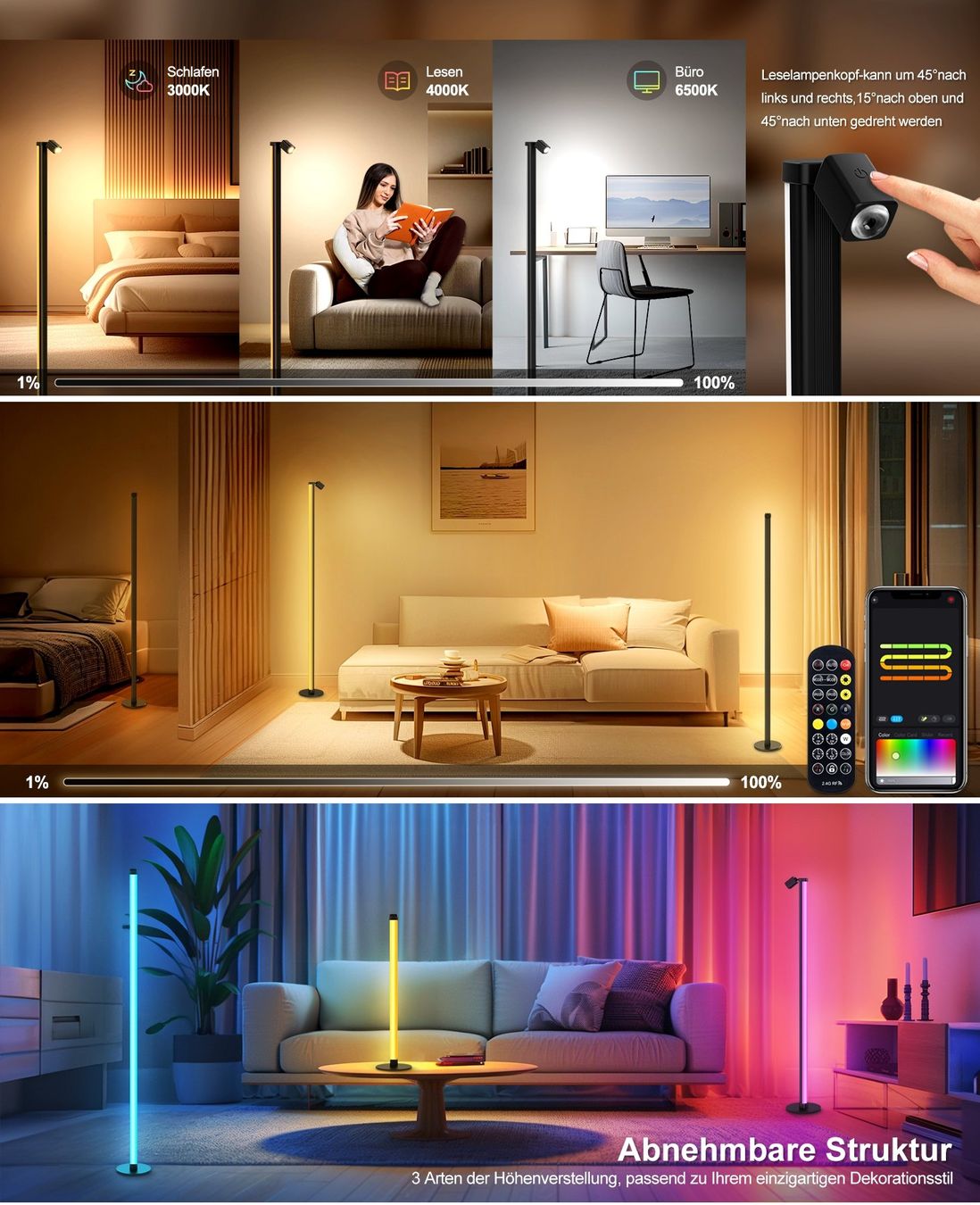 RGB Stehlampe LED, 16 Mio Farben, dimmbar, Höhe verstellbar (Neu und ...
