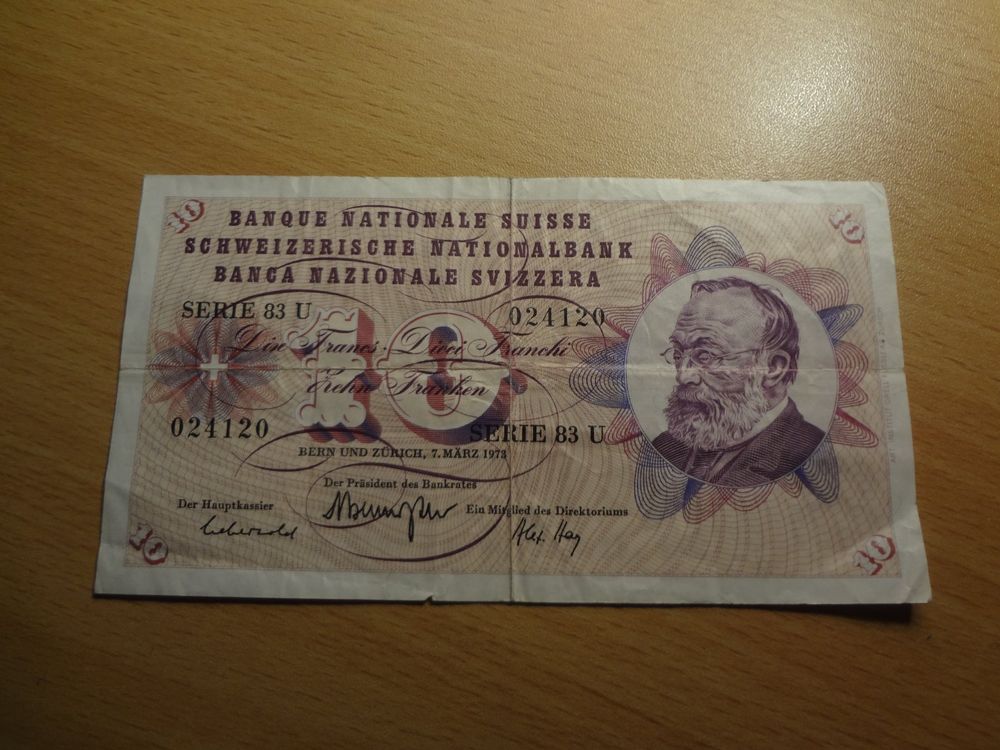 SCHWEIZER BANKNOTE 10 FRANKEN 1973 (Gebraucht) in la heutte für CHF 5.1 ...