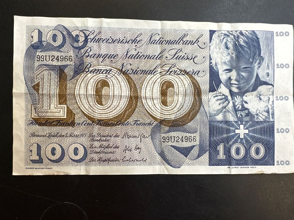 100 Fr.-Note Schweiz 1973 (Gebraucht) in Herisau für CHF 21 – mit ...
