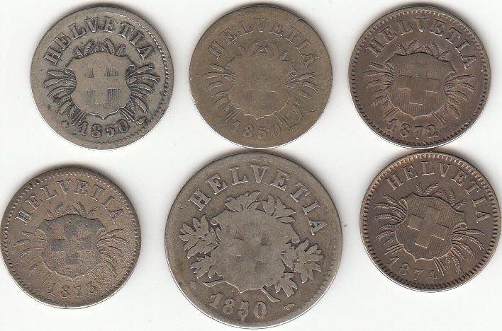 Lot -- 6 x alte 5 & 20 Rappen mit Wappen 1850 - 1874 (Gebraucht) in ...