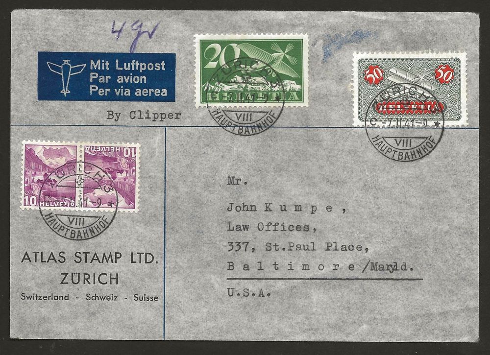 Flugpost Schweiz 1941 Zürich Baltimore USA by Clipper | Kaufen auf Ricardo
