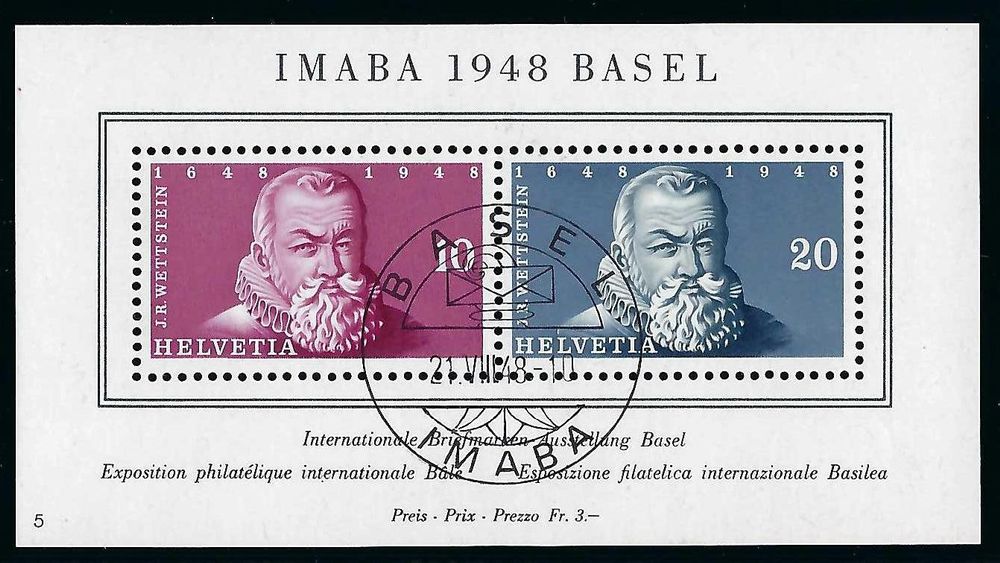 1948 IMABA BLOCK (W31), ET S-0 BASEL 21.VIII, GUMMI **, Ia (Gebraucht) in Pura für CHF 14 – mit ...