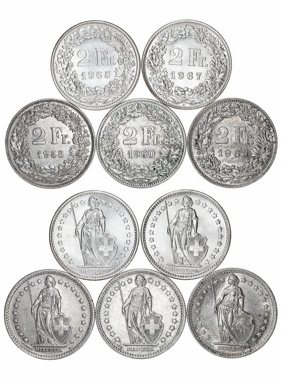 2 Franken Lot 1958-1967 mit 5 Münzen (ss+/unz). Ab 1 (Gebraucht) in Kollbrunn für CHF 36 – mit ...