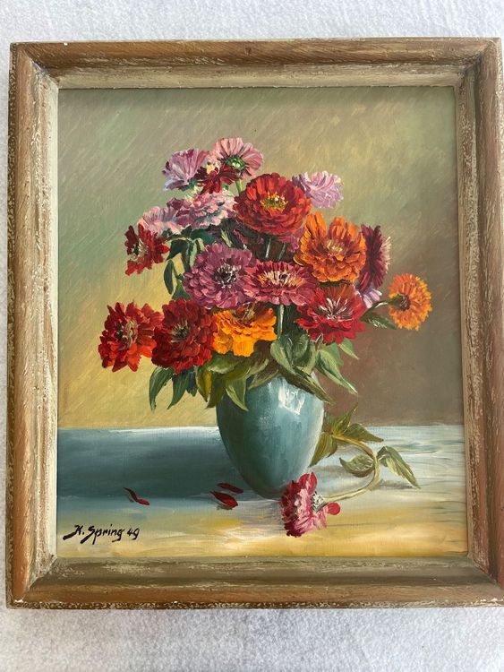 Blumen-Ölgemälde, signiert K. Spring 49 gerahmt (Gebraucht) in Plasselb für CHF 25 – mit ...