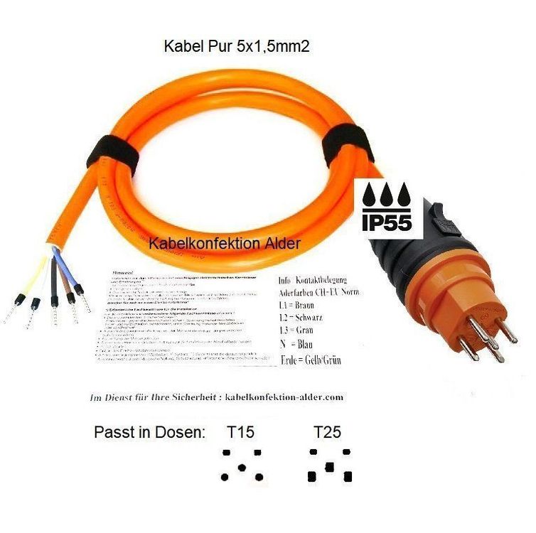 3m T15 IP55 Purkabel Geräteanschlusskabel für Aussenanwend. (Neu und ...