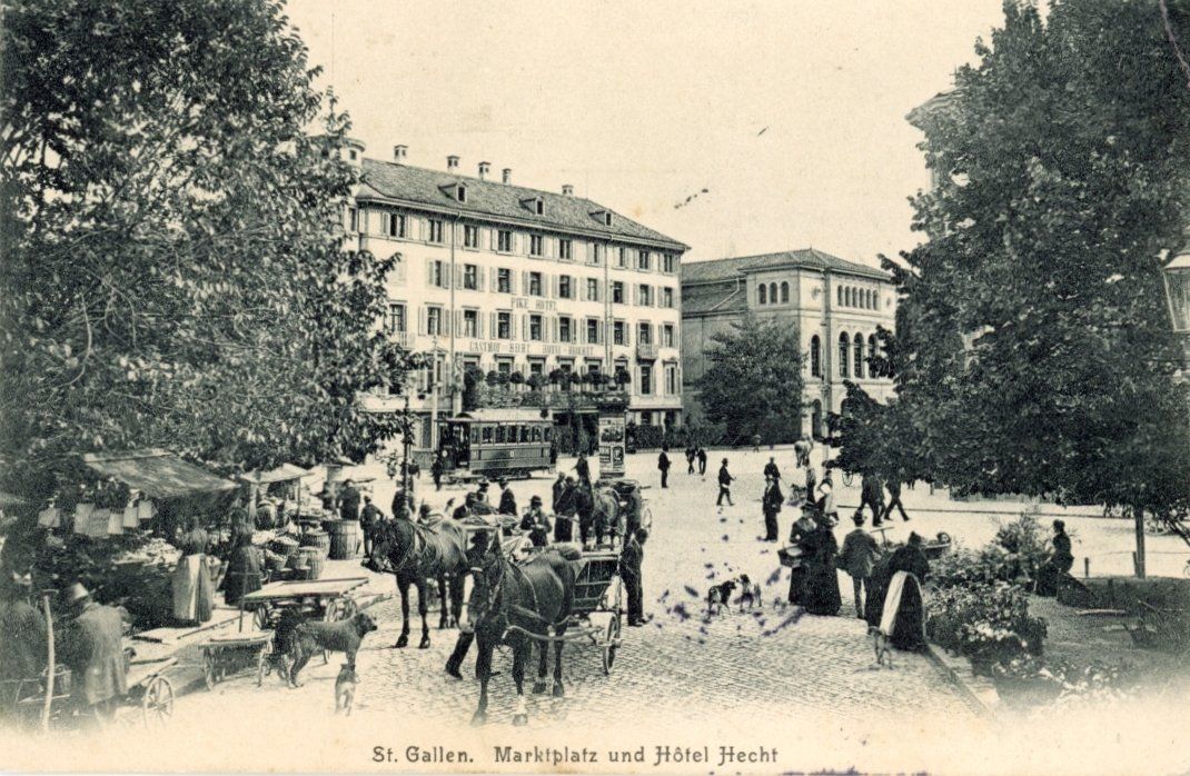 St. Gallen SG - Marktplatz & Hôtel HECHT, Tram um 1905 (Gebraucht) in ...