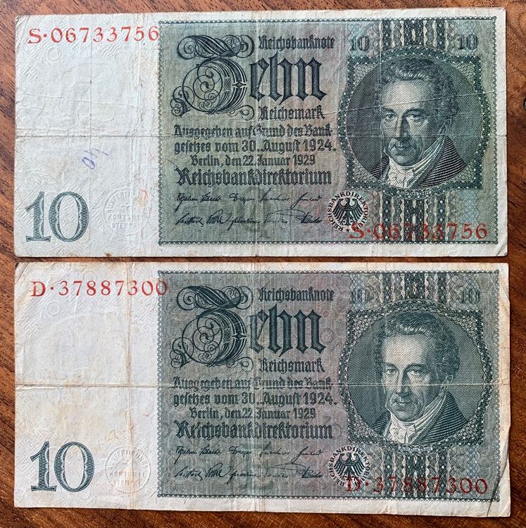 Reichsbanknote 2 x 10 Mark 1929 (Einzelverkauf mögl.) (Gebraucht) in ...
