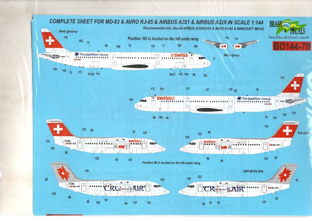 1/144 Decals Swiss Crossair A320, A321, MD-83 Jumbolino (Gebraucht) in ...
