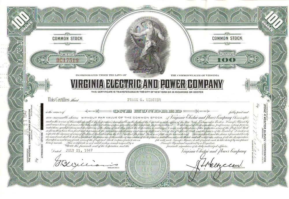 USA - VIRGINIA ELECTRIC AND POWER CO. - 500 SHARES, SEP.1975 (Gebraucht ...