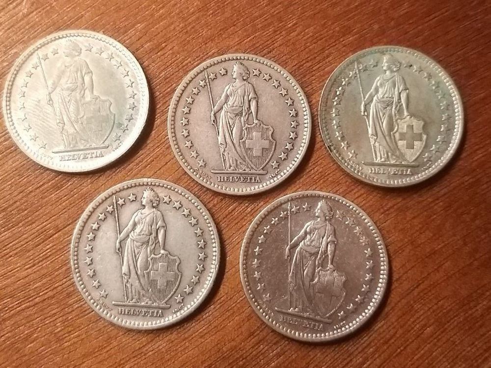 5 Stk. 2 Franken Münzen 1944,1945,1946,1947,1948 (Gebraucht) in Wengi bei Frutigen für CHF 26 ...