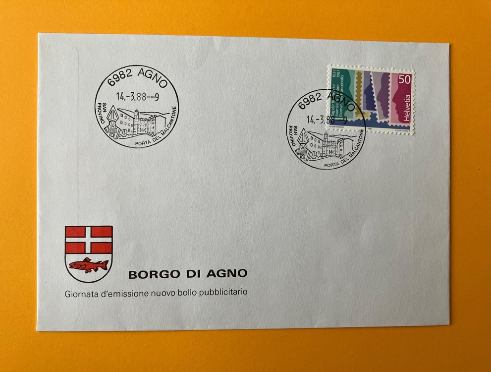 FDC Agno 1988 Nuovo bollo pubblicitario (Usato) a Aarau per CHF 2 – con ...