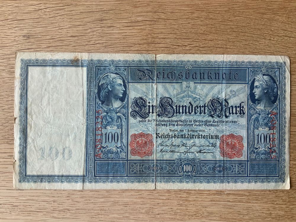 Reichsbanknote 100 Mark - Deutsches Kaiserreich 1908 (Gebraucht) in Genève für CHF 15 – mit ...