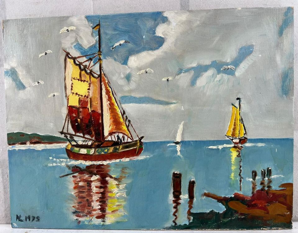 Schiffe am Strand Gemälde Sig. | Kaufen auf Ricardo