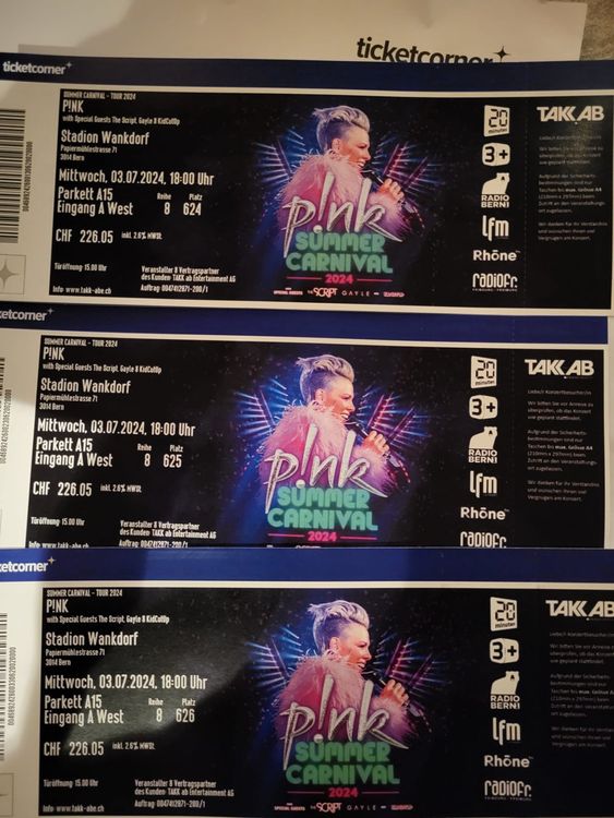 Pink Konzert 3.7.2024, 3 Sitzplatztickets Stadion Wankdorf (Neu und ...