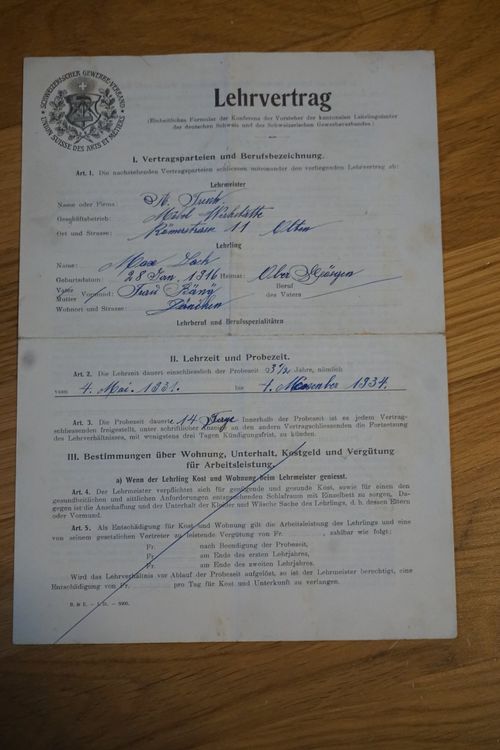 Lehrvertrag für Schreiner 1931 OLTEN COOL !!!!!!!!!!! (Gebraucht) in ...