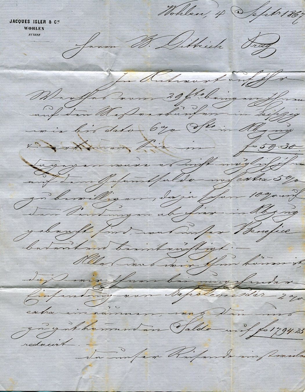 Faltbrief von Wohlen nach Prag 1867 mit Vignette (Gebraucht) in Opfikon ...