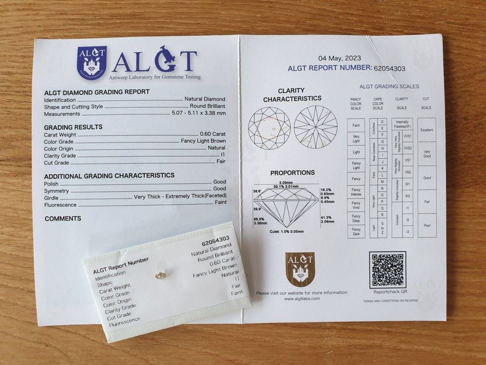 0.60 Ct. Nat. Fancy Light Brown Rund Diamant ALGT-Zertifikat | Kaufen auf Ricardo
