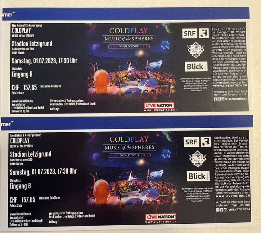 Coldplay Tickets / 2 Stehplätze für am SA 01.07.23 Zürich (Neu und originalverpackt) in ...
