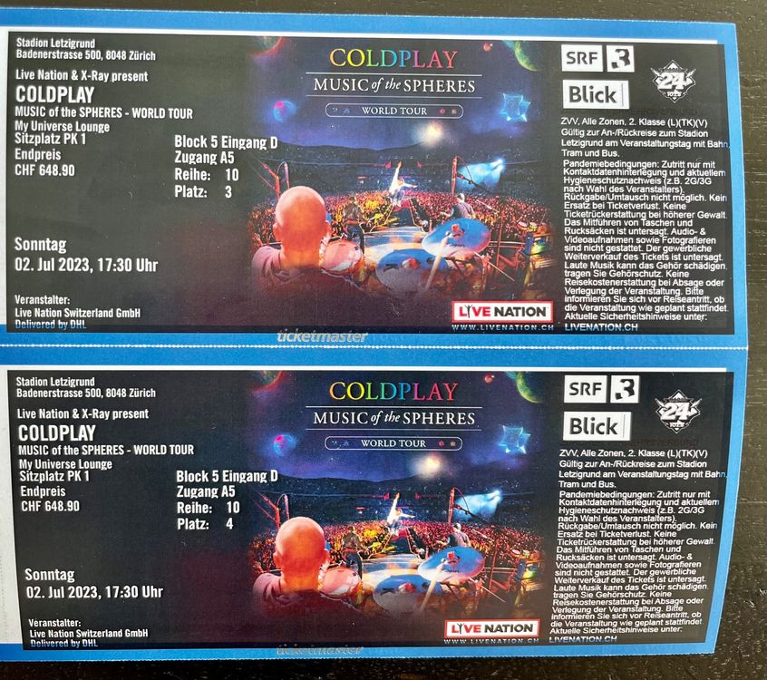 2x COLDPLAY VIP Tickets Zürich 2. Juli 2023 | Kaufen auf Ricardo