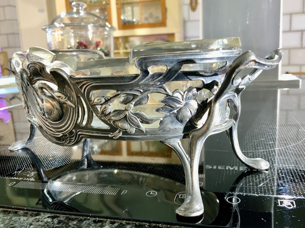 JUGENDSTIL WMF JARDINIERE VERSILBERT BLEIKRISTALLGLAS PUNZE (Gebraucht ...