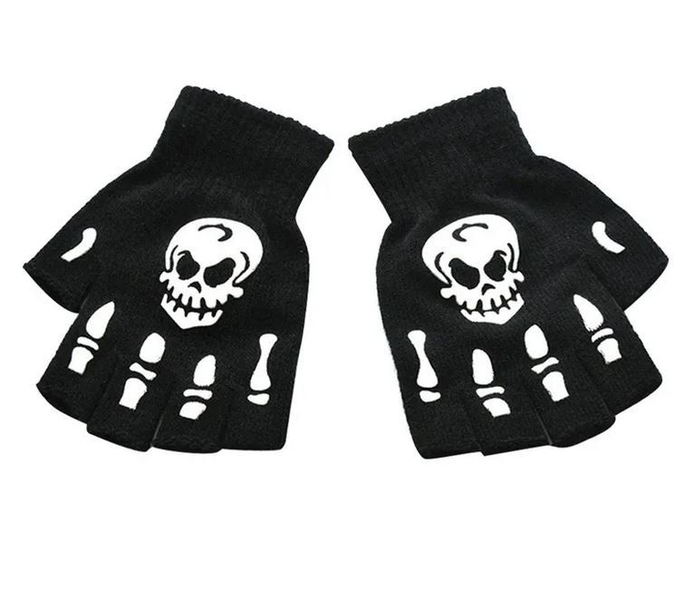 FINGERLOSE Handschuhe LEUCHTEN im Dunkel Skelett Skull Bones (Neu ...