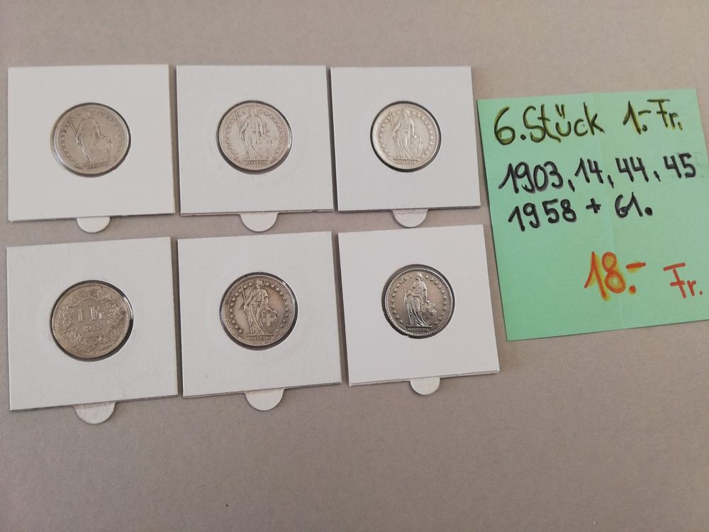 Schweizer Silbermünzen 6 Stk. 1 Fr. 1903/14/44/45/58+61 (Gebraucht) in Engi für CHF 18 – mit ...