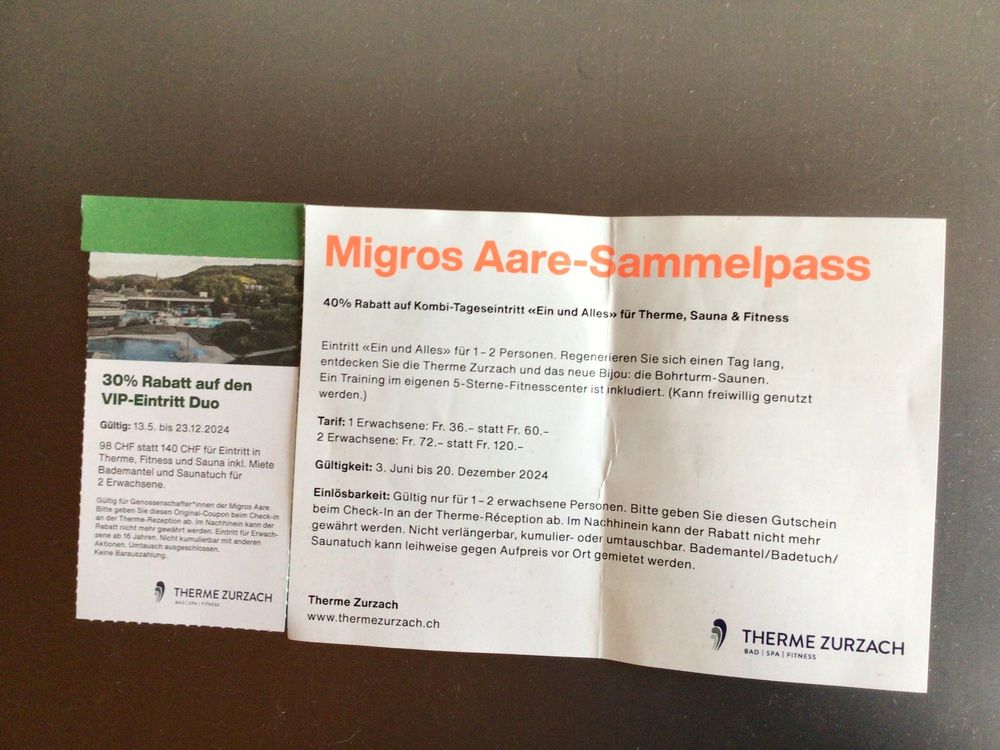 Gutscheine für Therme Zurzach Duo Eintritte (30-40 % Rabatt) (Neu und originalverpackt) in Lohn ...