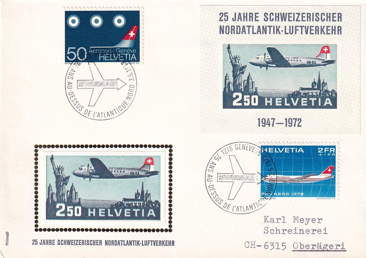 Jubiläumsflug 25 Jahre SR Genf - New York 1972, mit Vignette (Gebraucht) in Baar für CHF 2 – mit ...